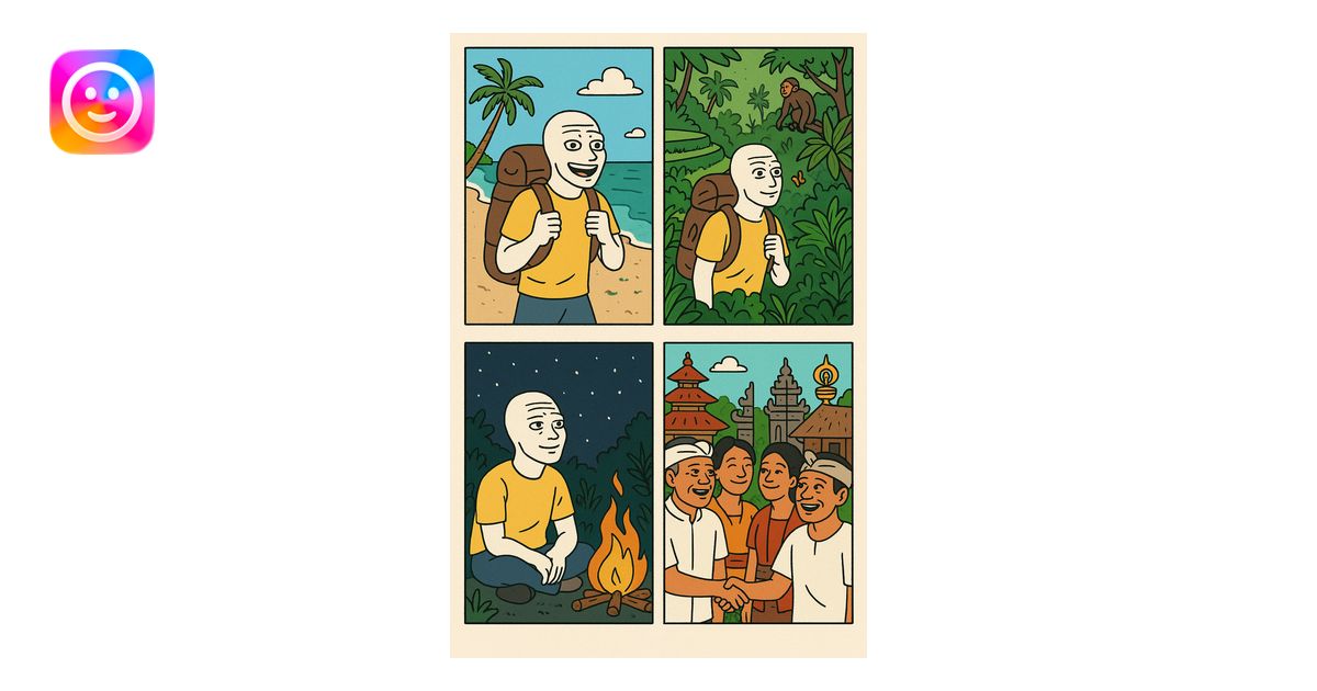 Create a wojak-style comic book with four panels, telling the story of ...