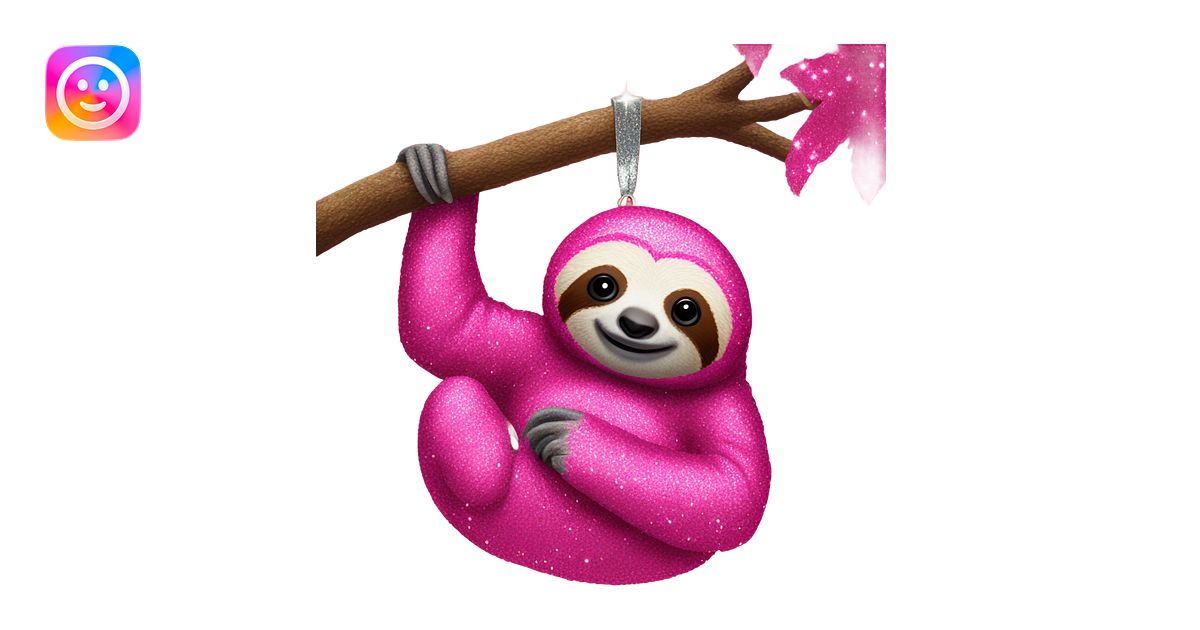 Hot pink sloth with glitter hanging on a tree emoji | AI Emoji Generator