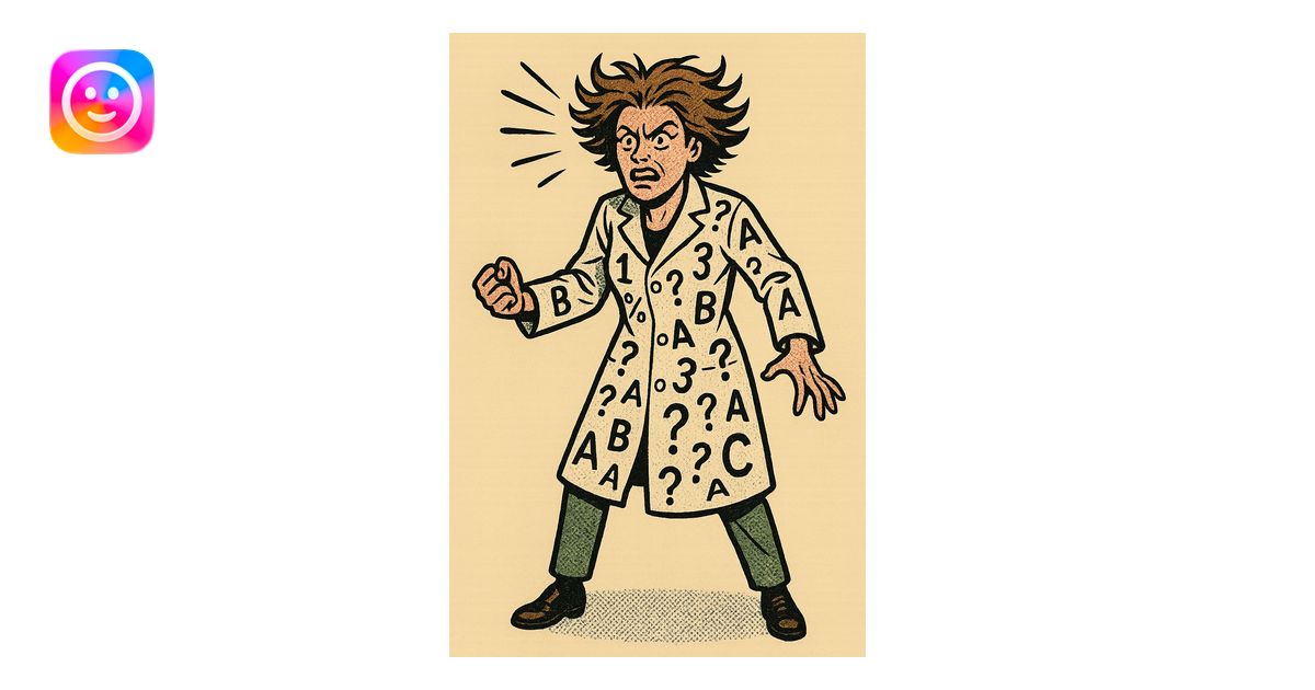 The full body of A mad female scientist with numbers, question marks ...