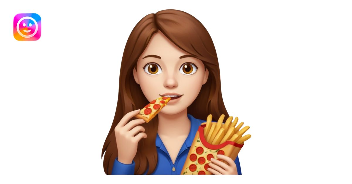 lean female with long hair holding fries and eating pizza emoji | AI ...