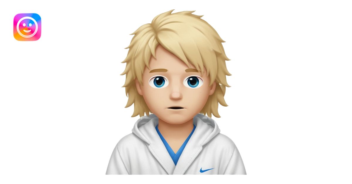 Create a blond boy with long, messy hair, light eyes, a white t-shirt ...