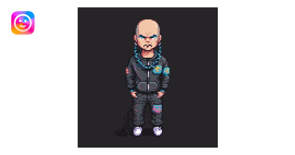 Pixel art thug in tracksuit, holding chain, bald head, angry expression ...