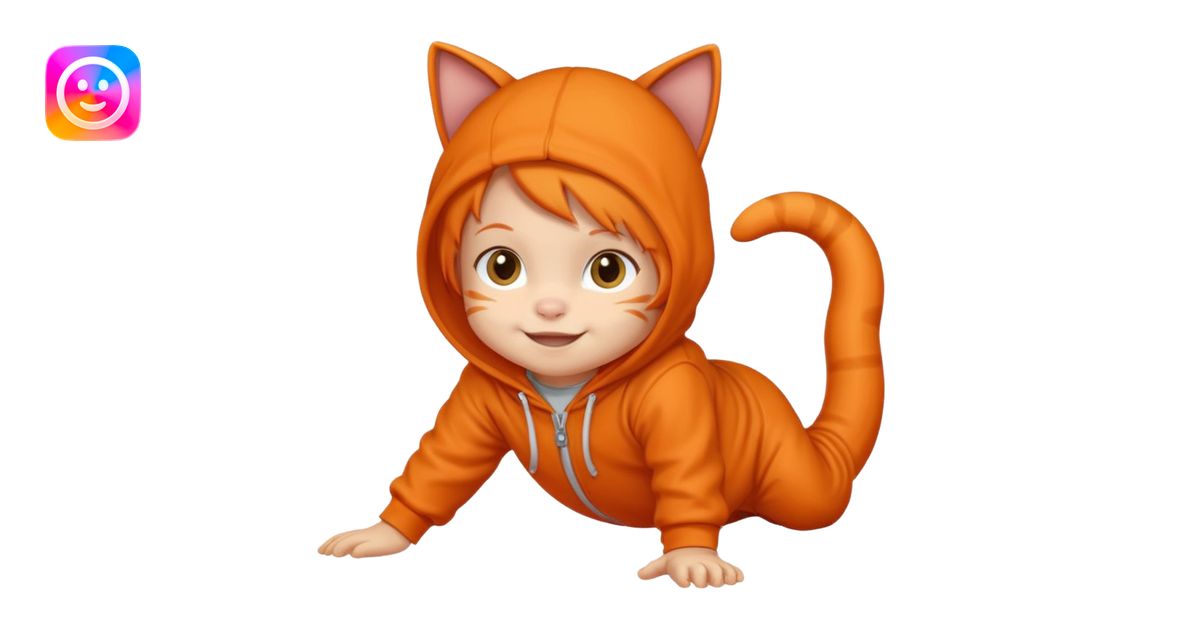 little kid Toddler in orange cat hoodie, crawling pose emoji | AI Emoji ...