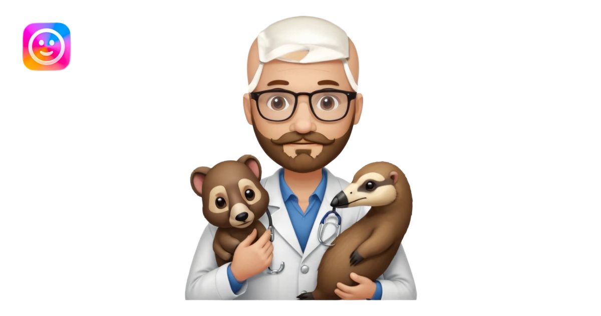 A bald veterinarian with a beard and glasses, mustache holding an the ...