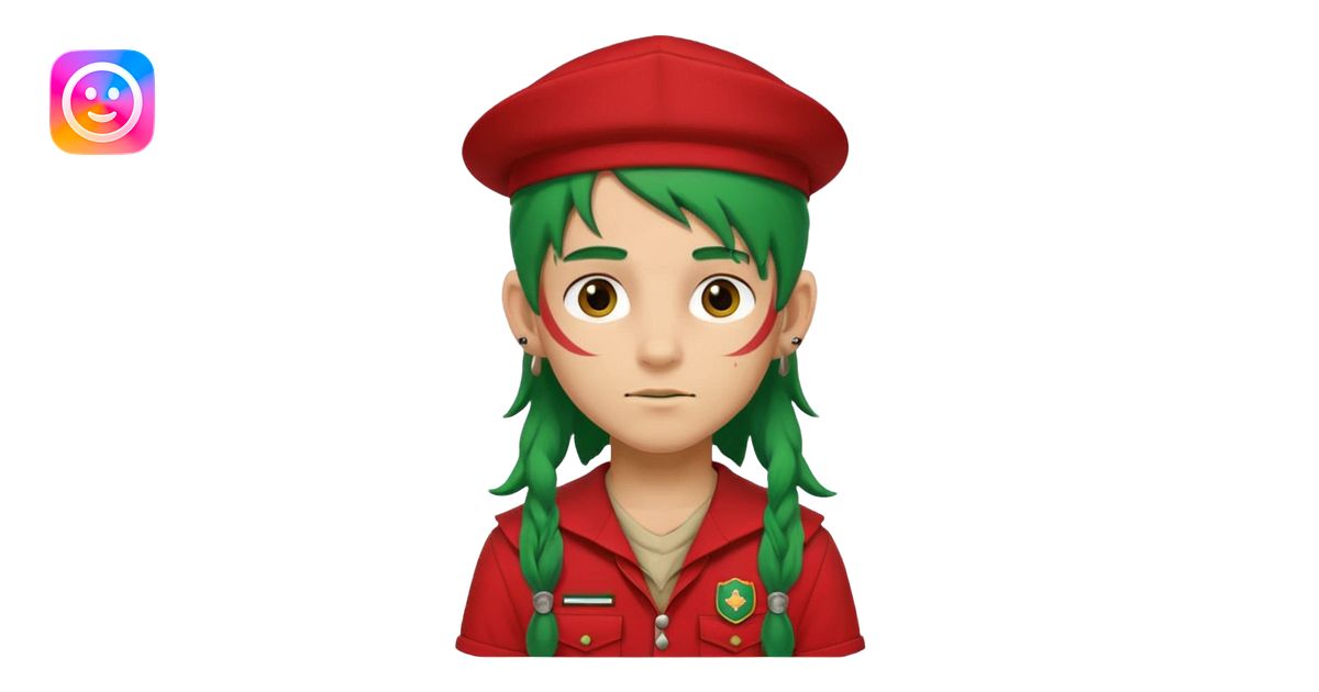 scout boy long hair face tatooes green haired, wearing red uniform with ...