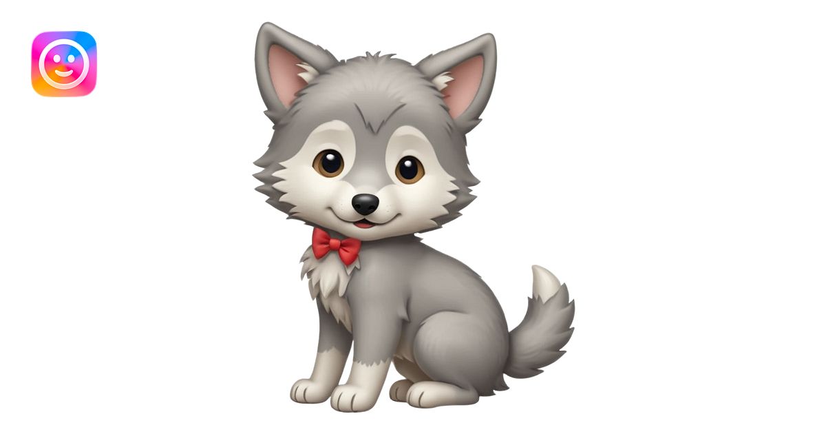 an animated gif-style sticker emote of a wolf puppy in a play bow ...