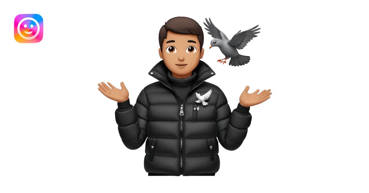 puffer shiny black jacket man open arms looking at a flying pigeon ...