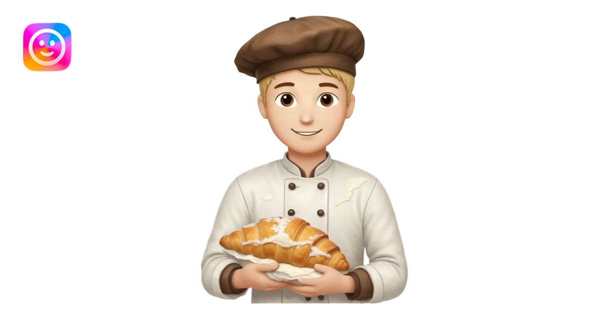 Young male baker – holding a croissant, flour on clothes emoji | AI ...