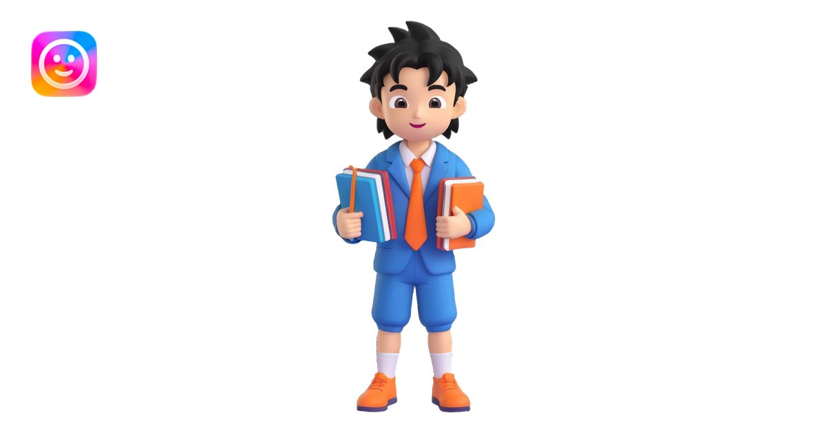 Goku as a student, wearing a school uniform, holding books, cheerful ...