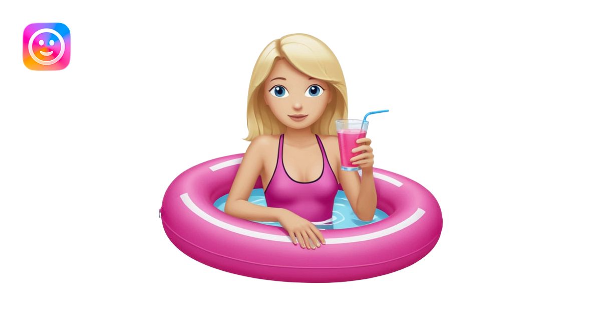 woman with blonde hair and blue eyes sitting in pink pool tube in a ...