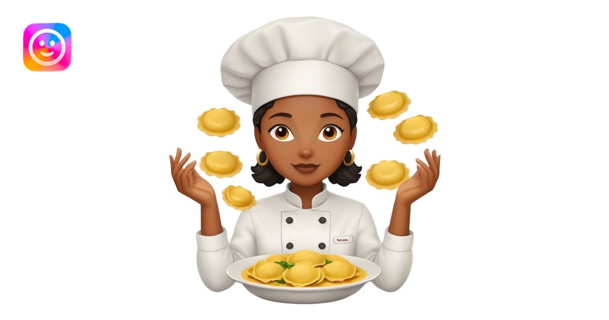 black female chef surrounded by ravioli emoji | AI Emoji Generator