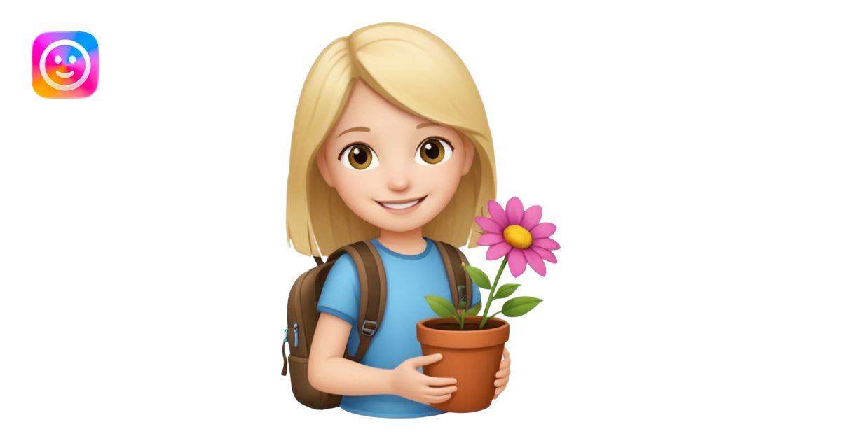 young girl wearing packpack, holding a flower pot emoji | AI Emoji ...