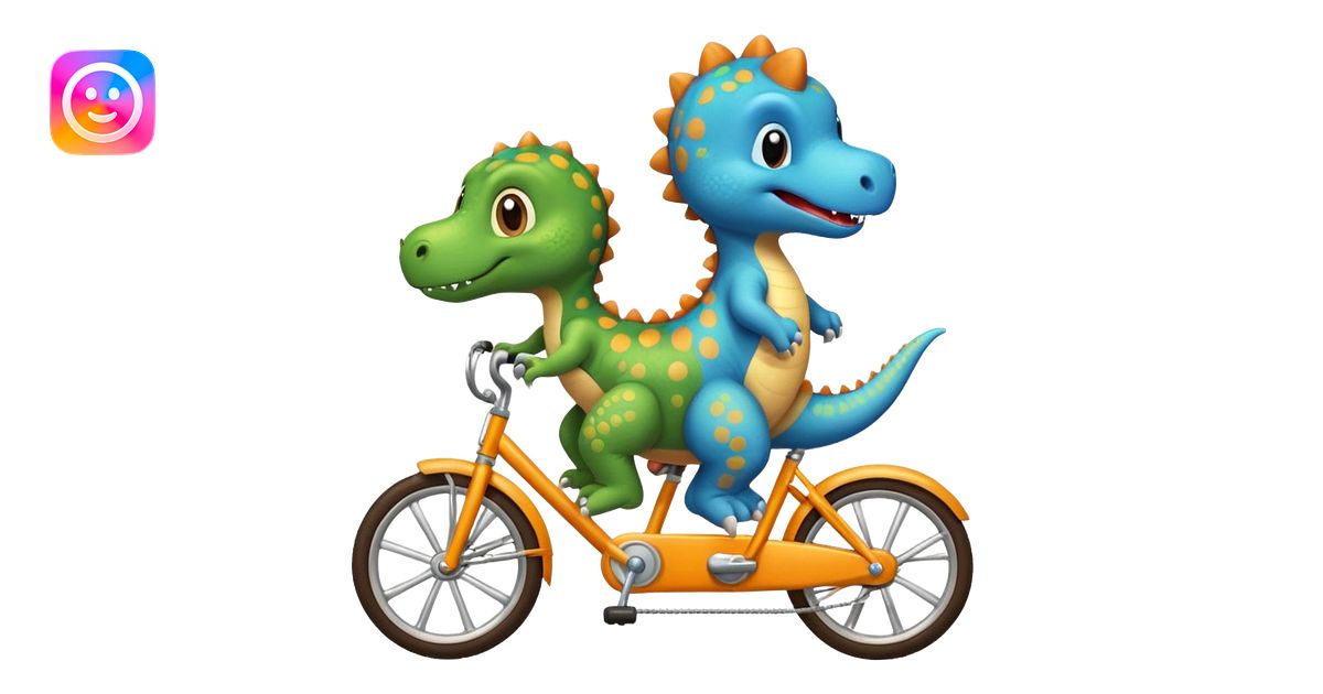 Baby dinosaur and puppy riding a retro bike emoji | AI Emoji Generator