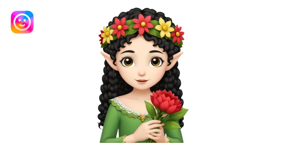 tiny Elf with Flower Crown, curley hair black, with flower bouquet ...