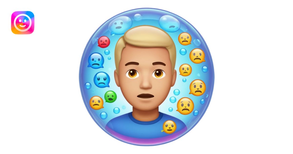 Realistic emoji-style man trapped inside a glowing filter bubble. The ...
