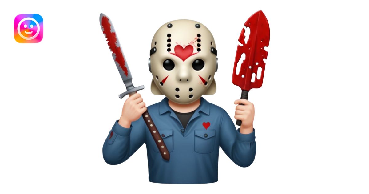 Jason Voorhees, looking cute, heart hands emoji | AI Emoji Generator