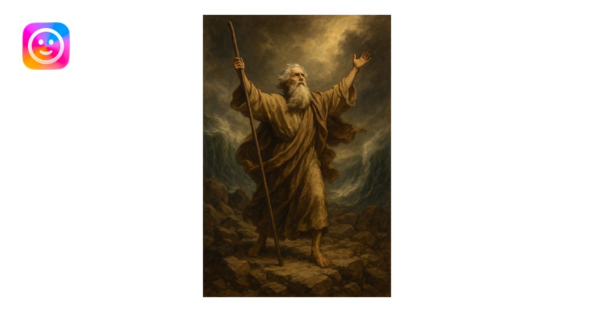 Moses with a long rod, arms raised, wind blowing his robe, rocky ...