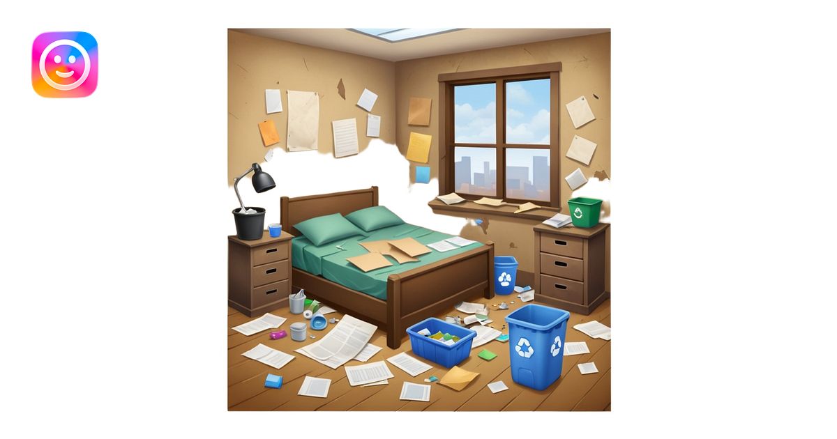 dirty room with papers and trash emoji | AI Emoji Generator