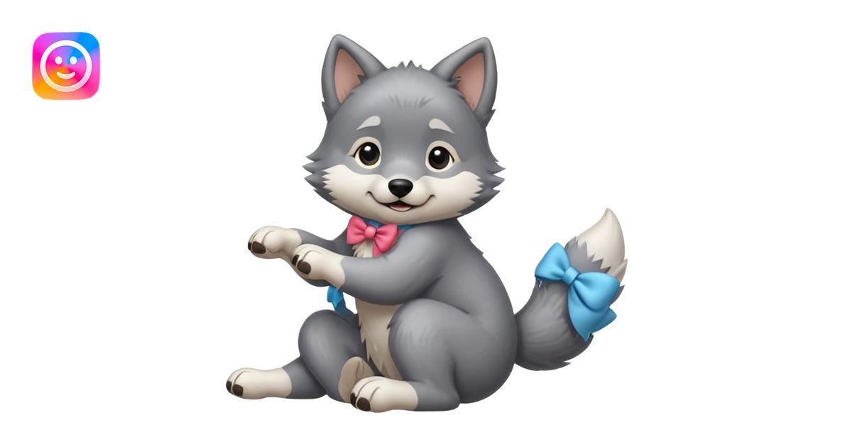 an animated gif sticker emote of a wolf puppy in a play bow wagging its ...