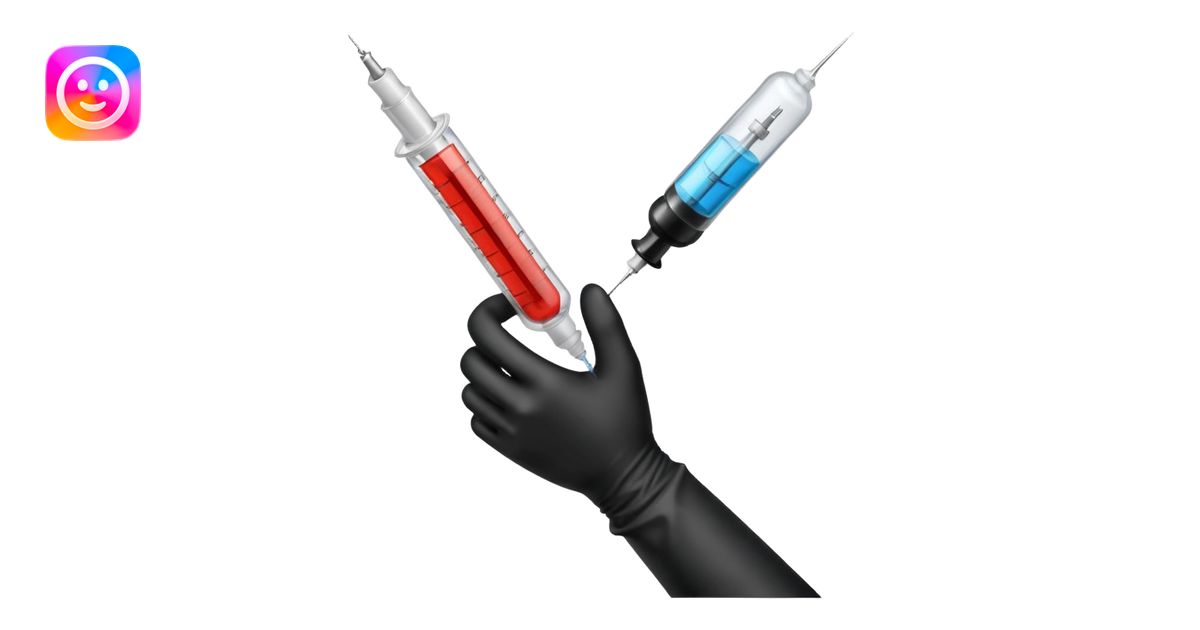 mano con guante medico de color negro sosteniendo una jeringa emoji ...