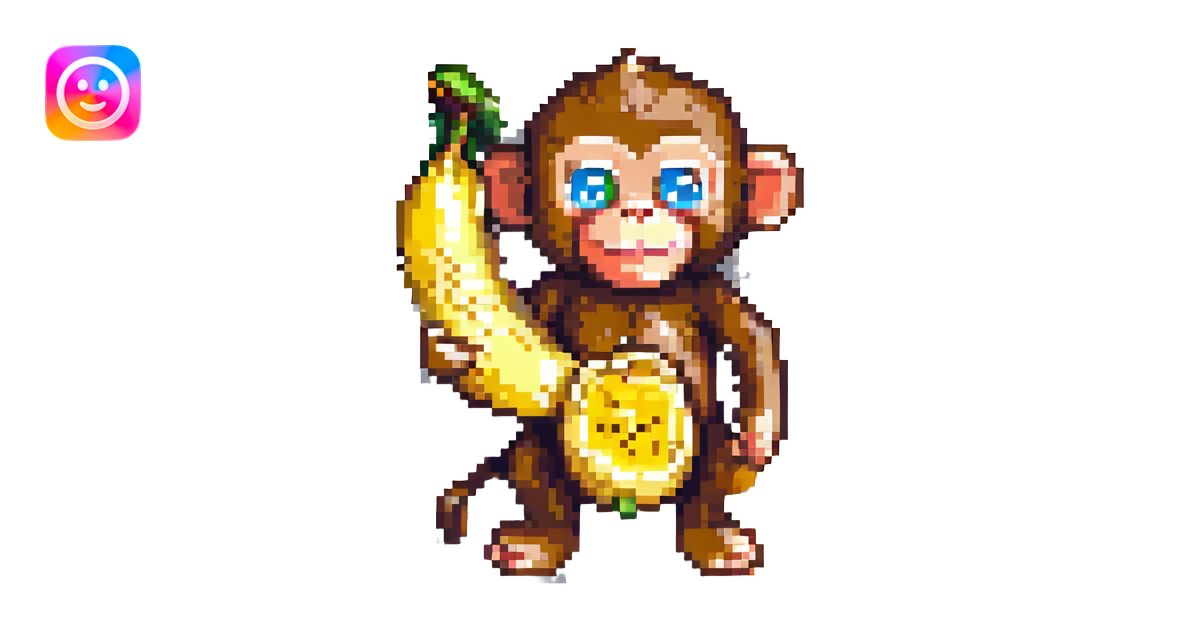 pixel art monkey, holding a banana illustration | AI Emoji Generator