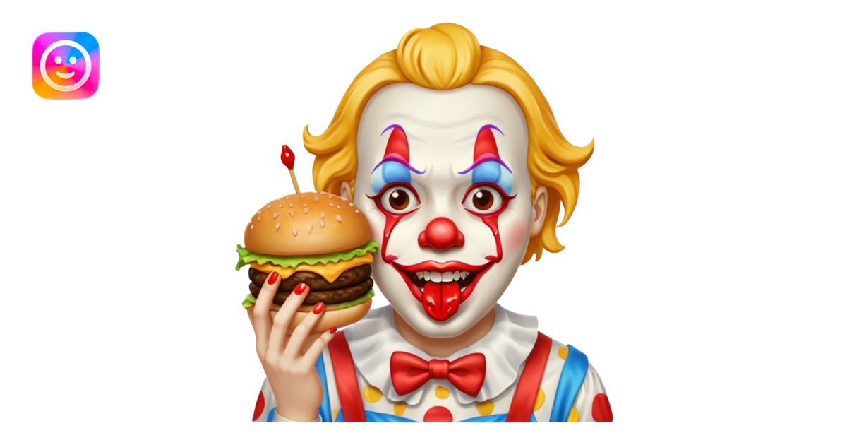 Art the clown from terriffer eating a burger emoji | AI Emoji Generator