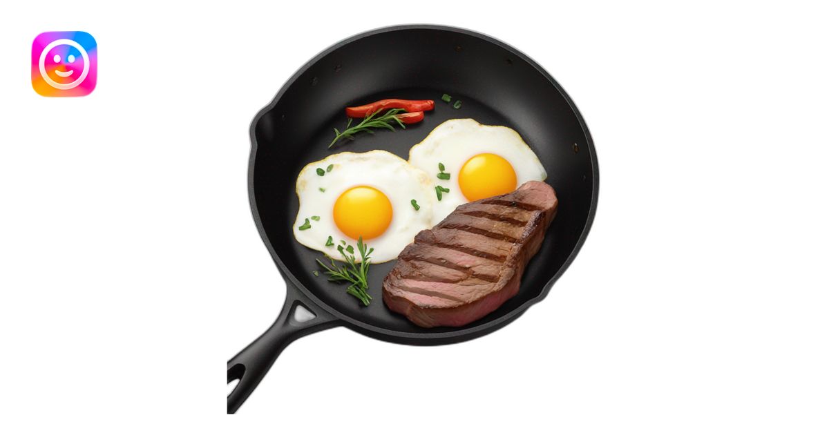 steak and eggs frying in black frying pan emoji | AI Emoji Generator
