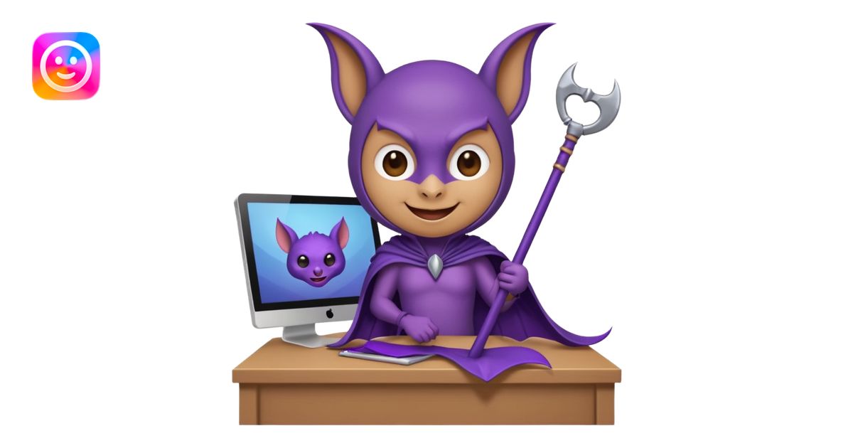 a happy purple bat holding a scythe while sitting in front of her ...