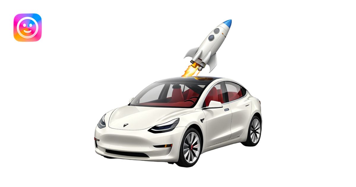 Tesla model 3 white. Rocket boost on roof emoji | AI Emoji Generator