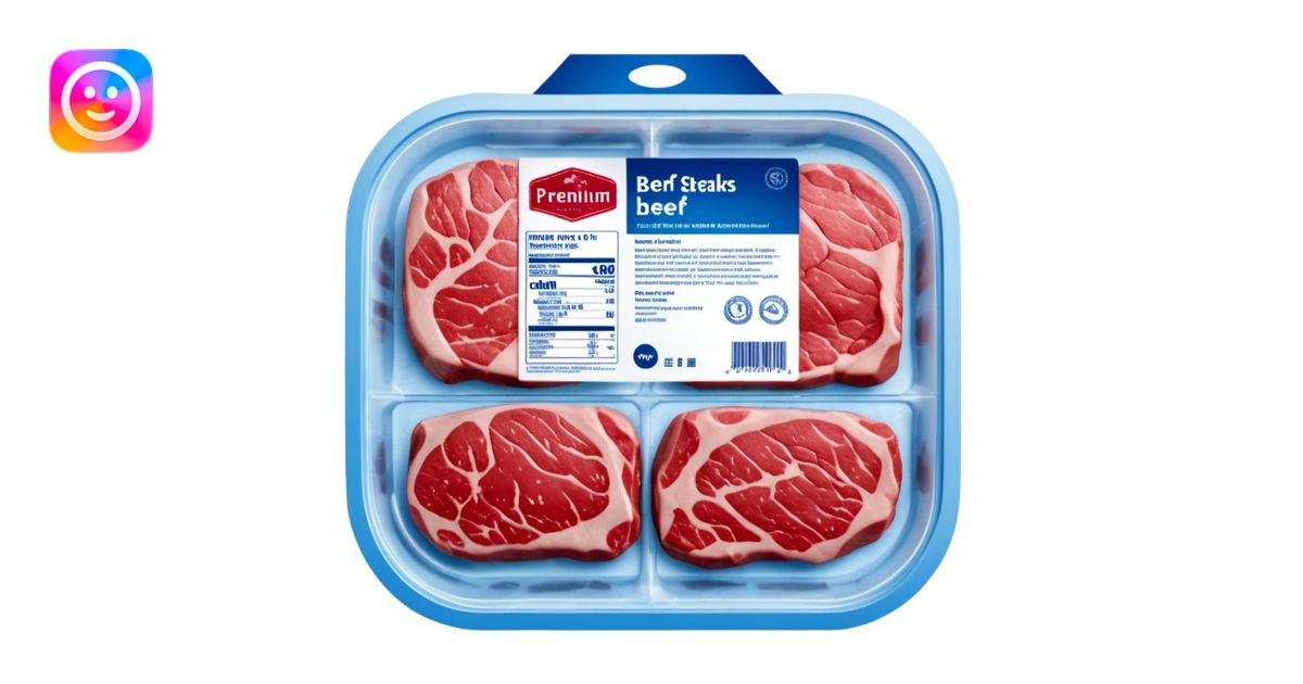 A vacuum-sealed plastic tray of frozen beef steaks, with visible frost ...