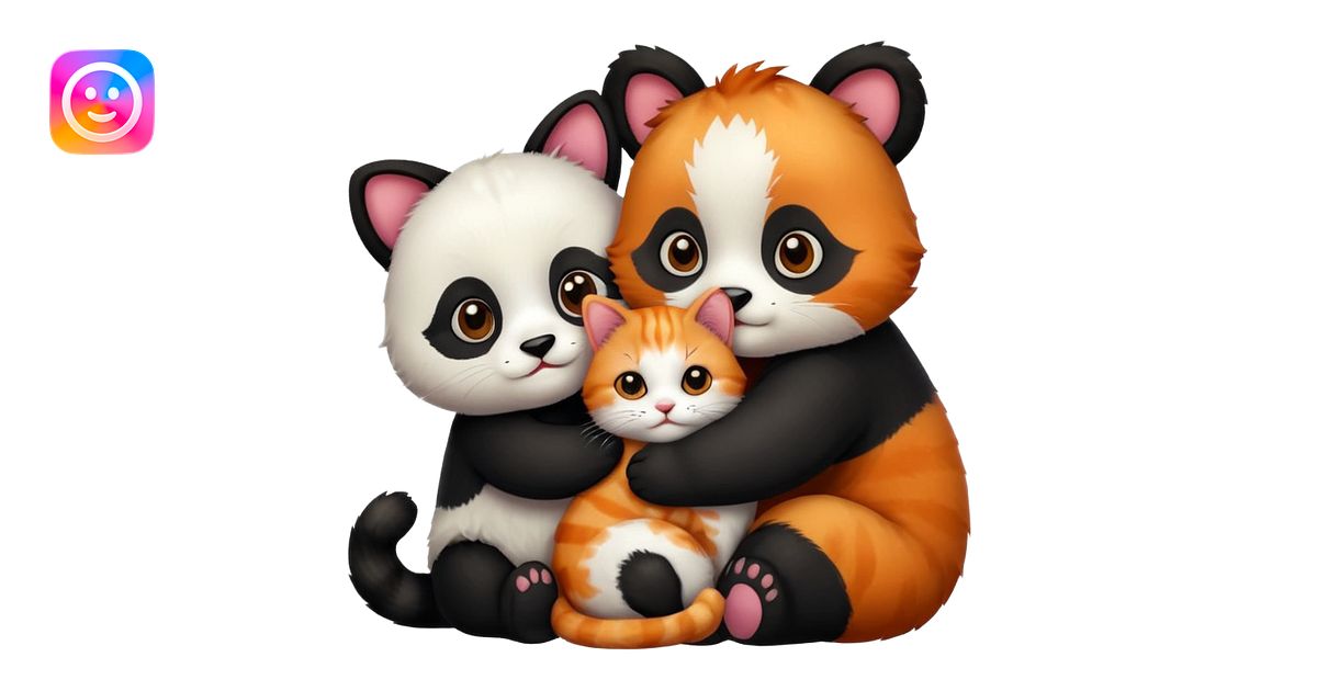 Panda hugging a calico cat with half its face ginger and the other half ...