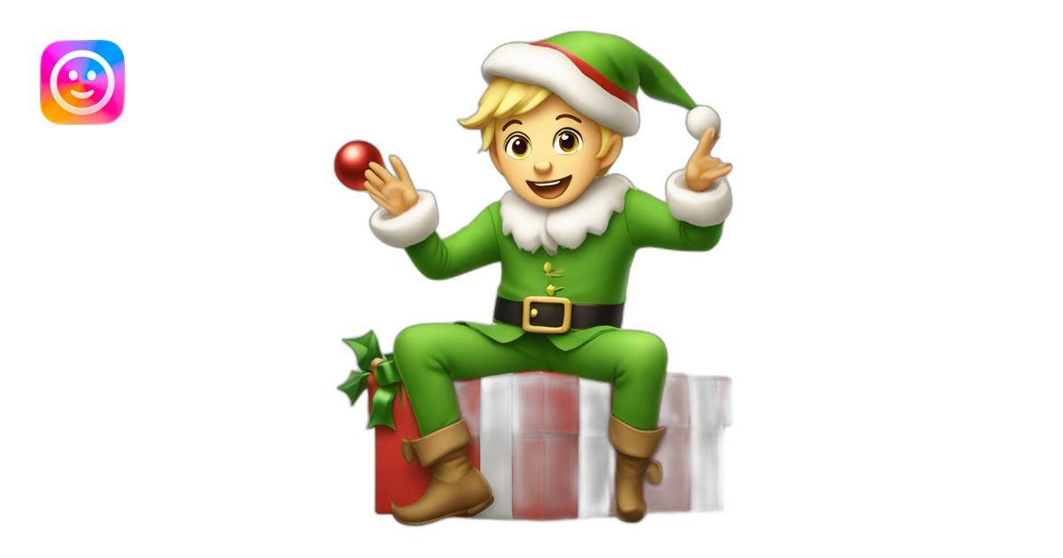 Overjoyed Christmas elf sits on a present and sings christmas songs ...