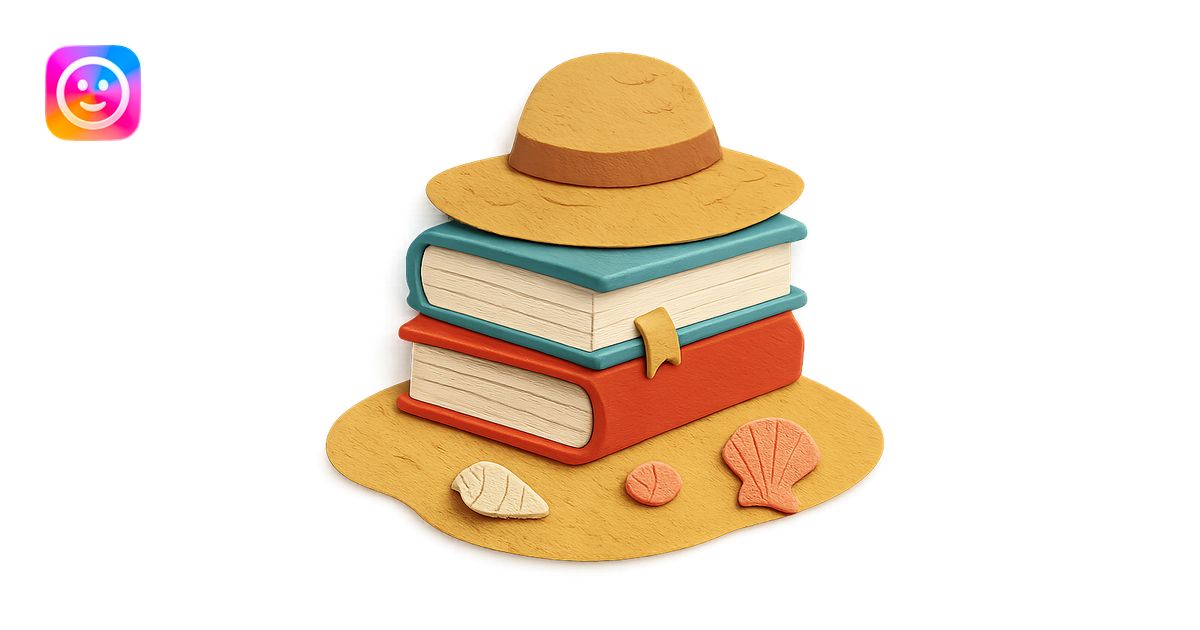 illustration of a stack of books on a sandy beach, with seashells and a ...