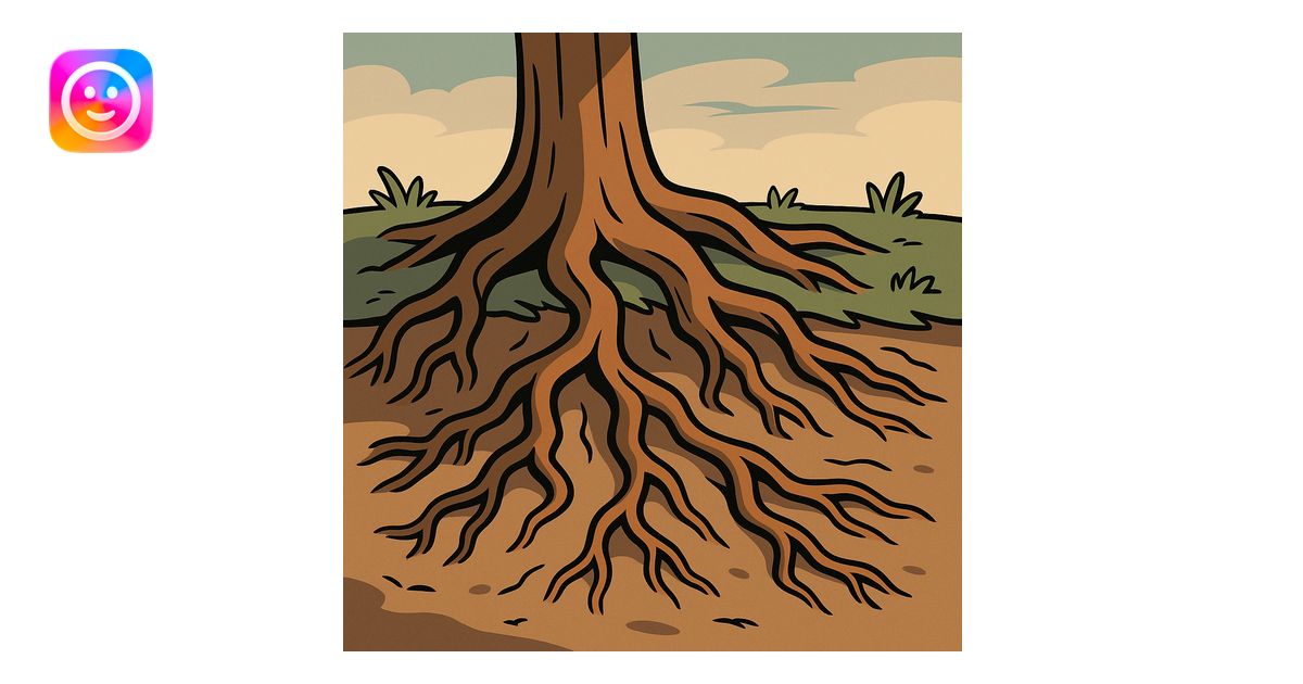 tree roots, stylized cartoon, bold lines, simplified shapes ...