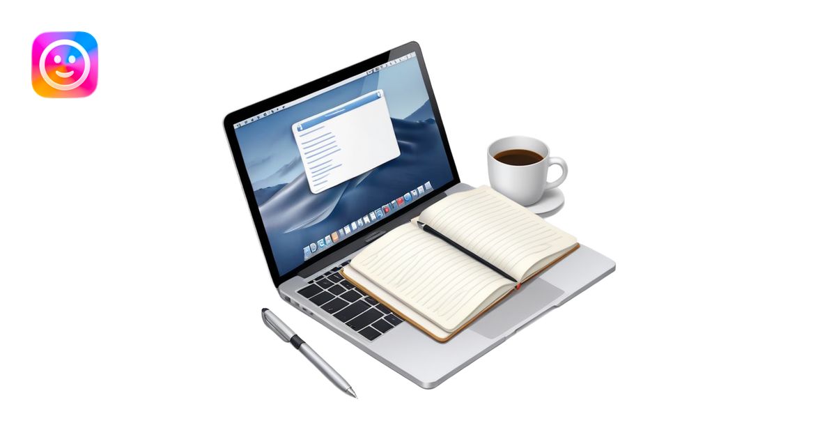 top view of a MacBook, open notebook with notes, and pen beside them ...