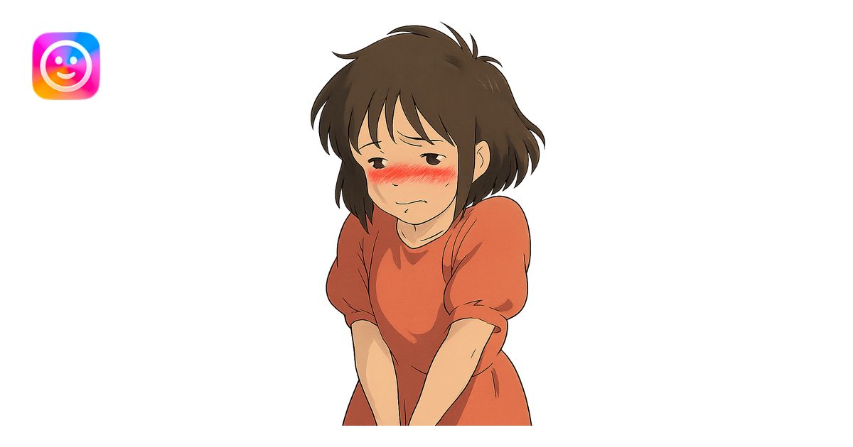 ghibli style character looking embarrassed, blushing, shy posture ...