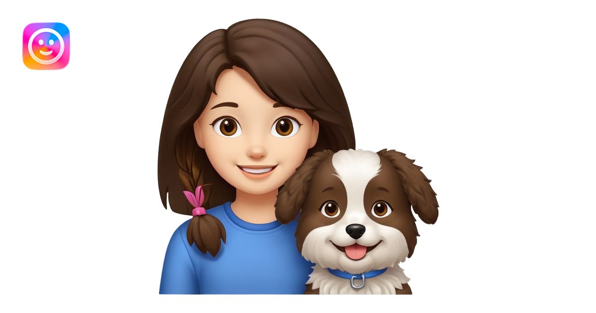 Fluffy dog with a cute little brunette girl emoji | AI Emoji Generator