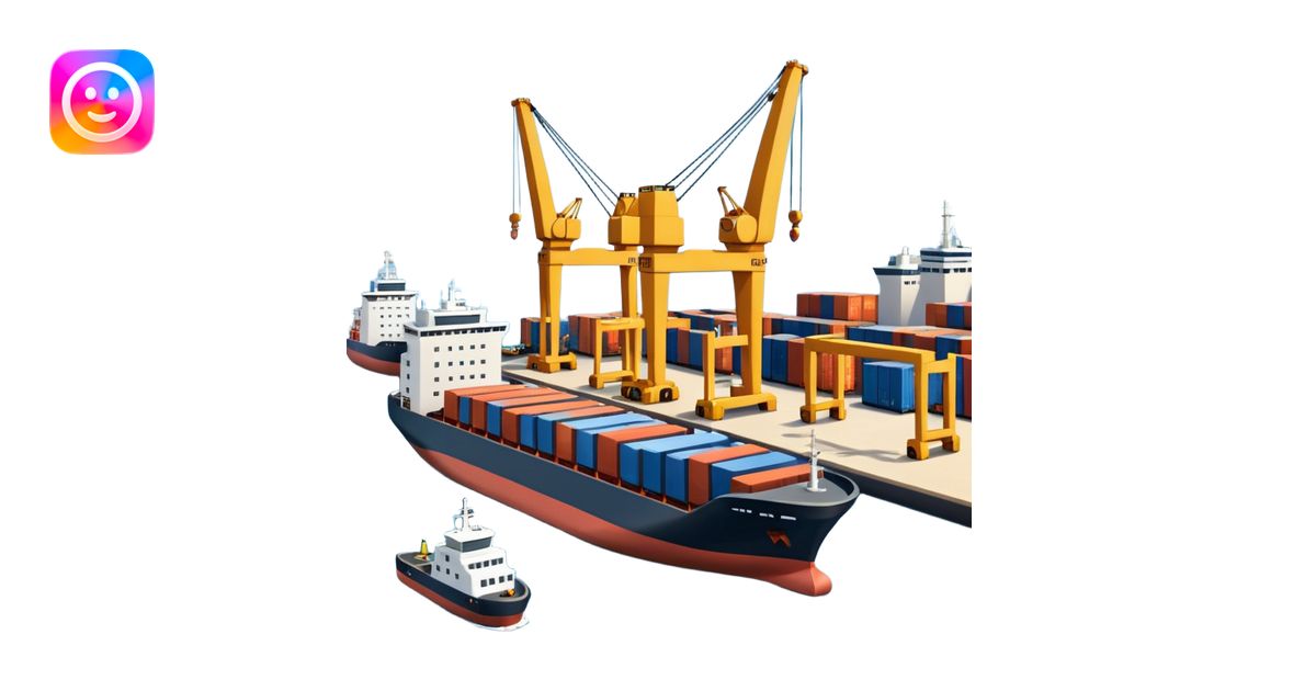 A 3D cartoon cargo or passenger seaport terminal with cranes and ships ...
