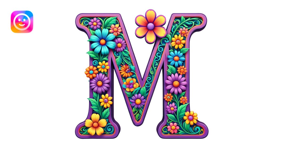 3D, gothic style psychedelic colored capital Letter M with hippie style ...