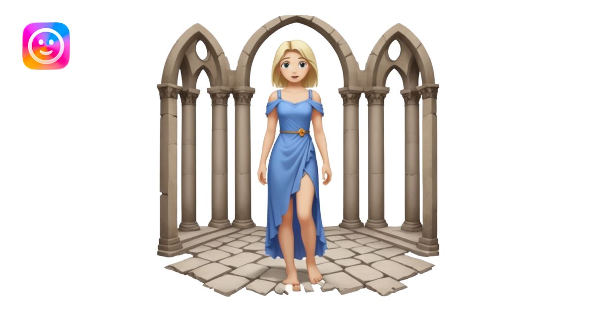 Female figure standing barefoot in ruined cathedral, dress slipping ...