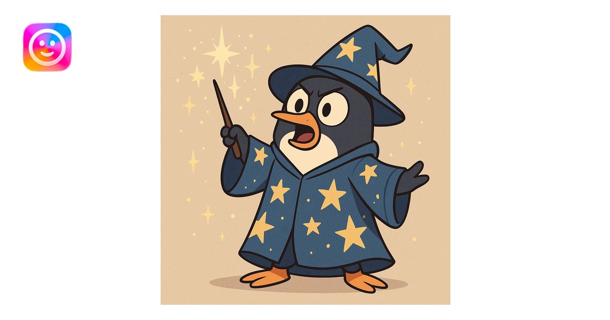 cartoon style penguin wizard with a starry robe, casting a spell ...