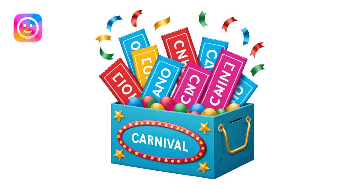 a box with the words "carnival pack" with tickets as a bundle, confetti ...