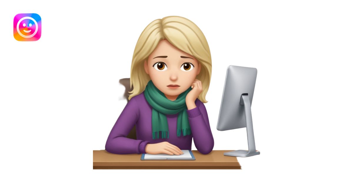 Person sitting at desk, looking tired, winter outside, woman emoji | AI ...