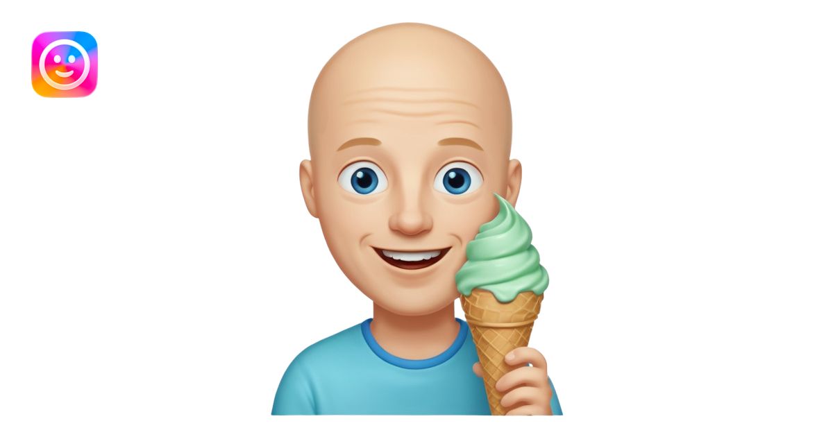 Smiling Bald man with blue eyes devouring a mint ice cream cone emoji ...