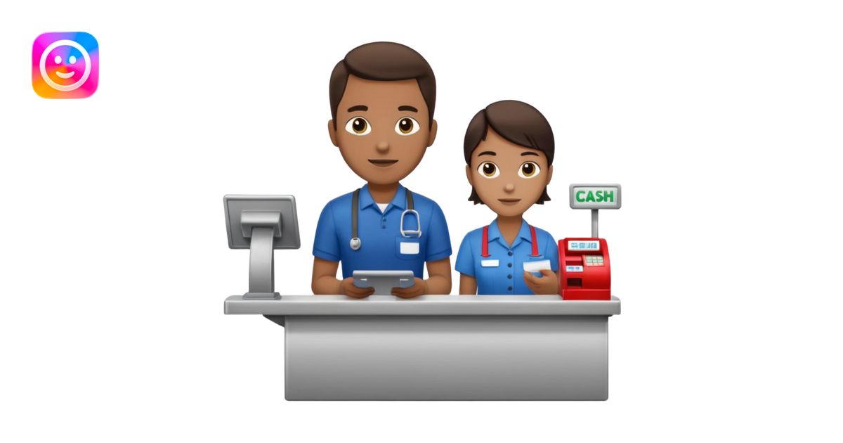 Supermarket employee at a cash register, full body, serving a man emoji ...