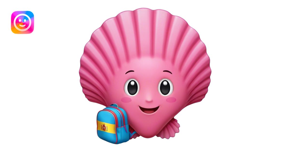 Create an emoji of a pink scallop shell wearing a backpack with a ...
