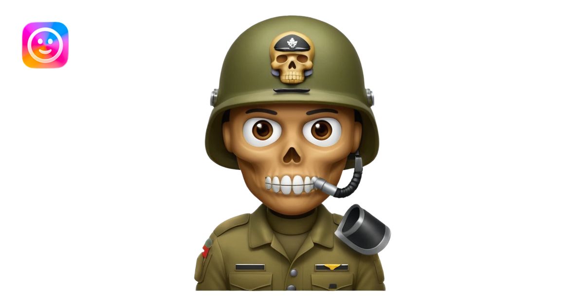 A bold emoji-style skull wearing a realistic army helmet,shushing ...