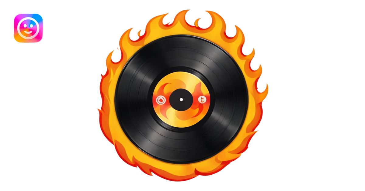 a black vinyl record on fire with a white center sticker emoji | AI ...