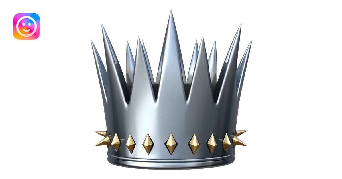 A spiked crown emoji made of silver chrome, sharp yet rounded metallic ...