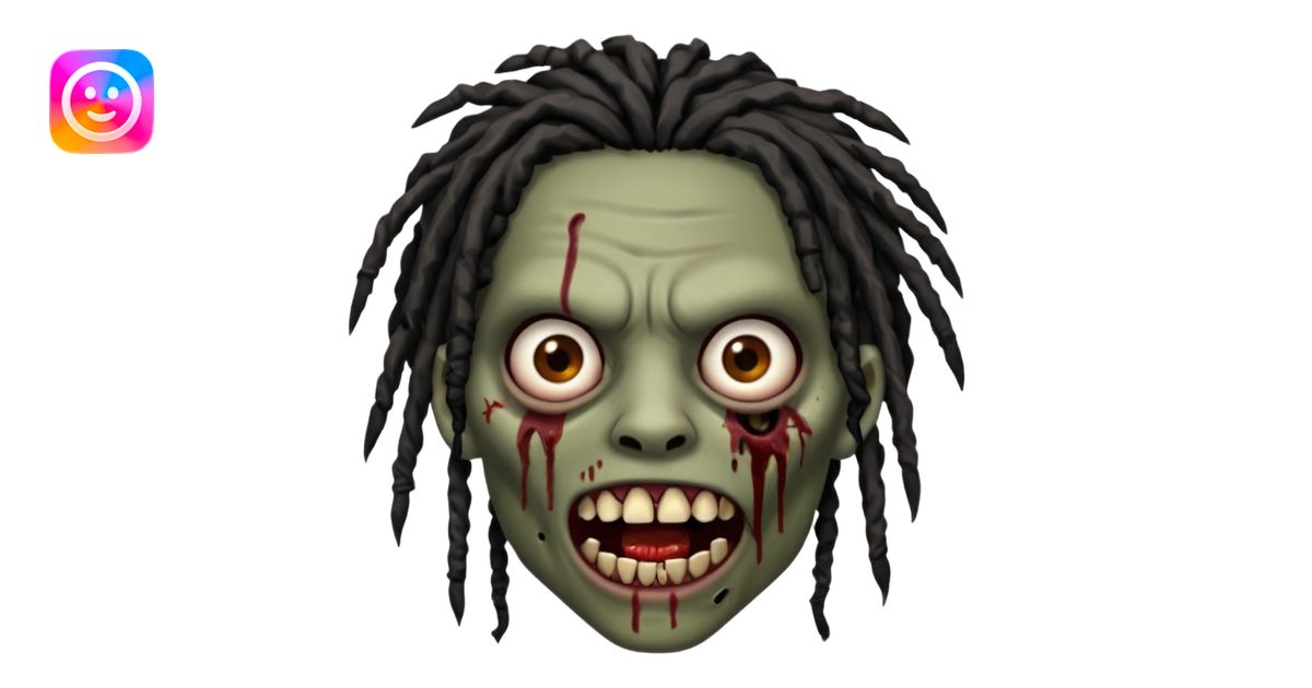 zombie with brown skin, messy black dreads hair, wide centered brown ...